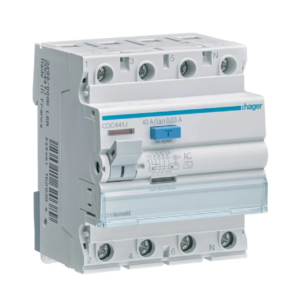 ELCB / RCCB Hager 4-Pole 40A 30mA - CDC441J — Bulls Hardware LLC